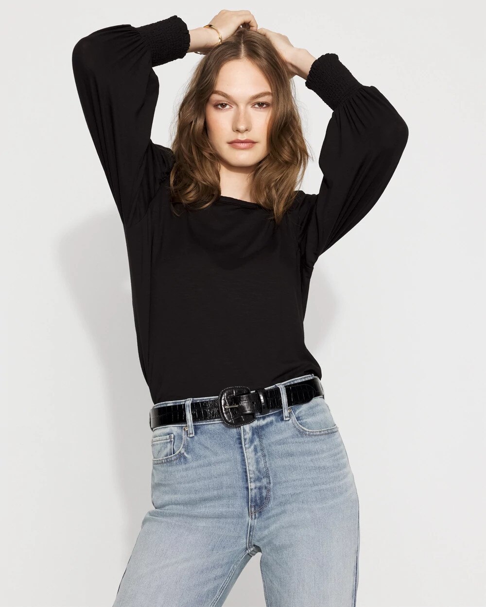 Long Sleeve Tee with Smocked Cuffs | White House Black Market